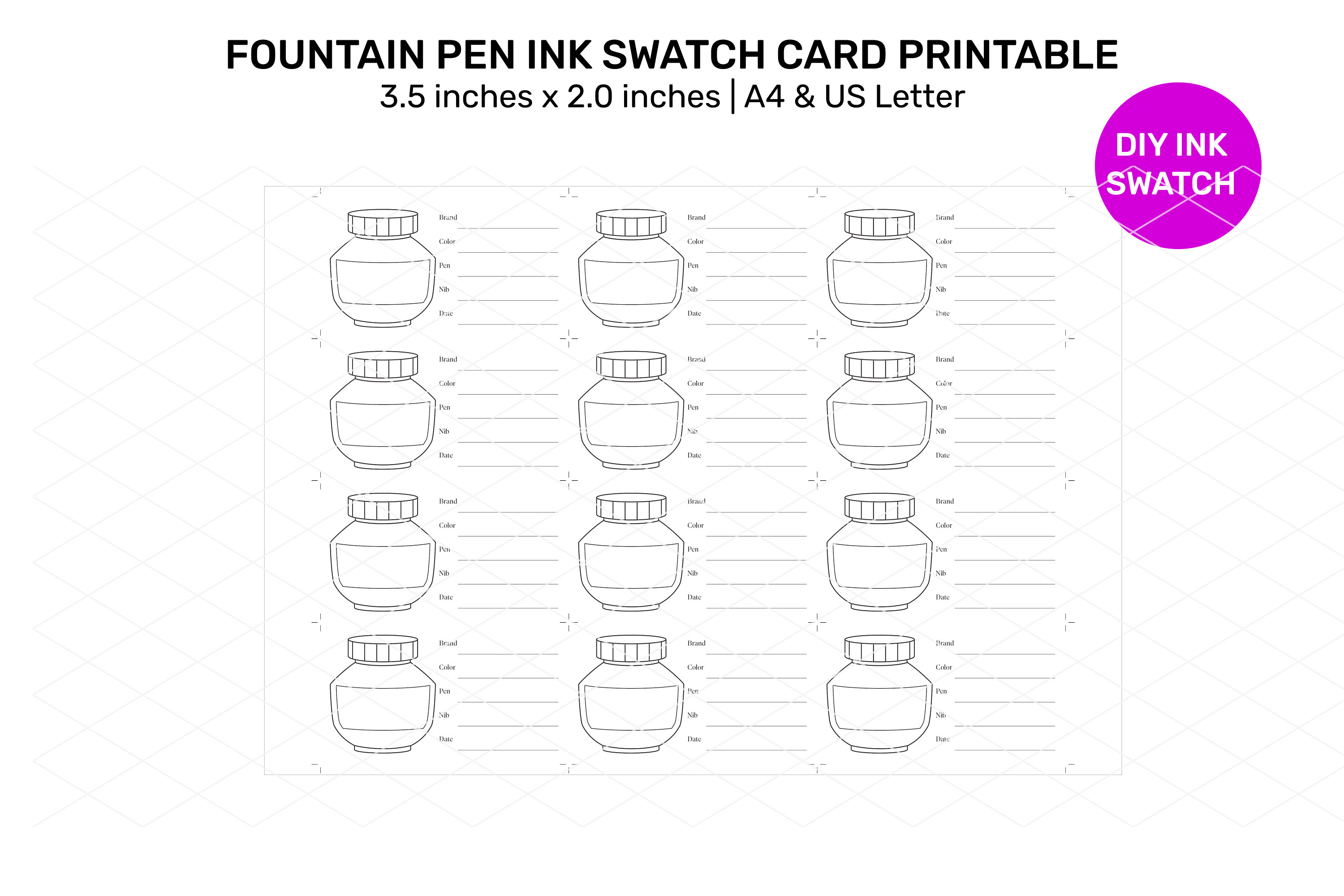 Printable FOUNTAIN PEN Ink Swatch Cards - DIY Ink Swatching AFP001 - Etsy