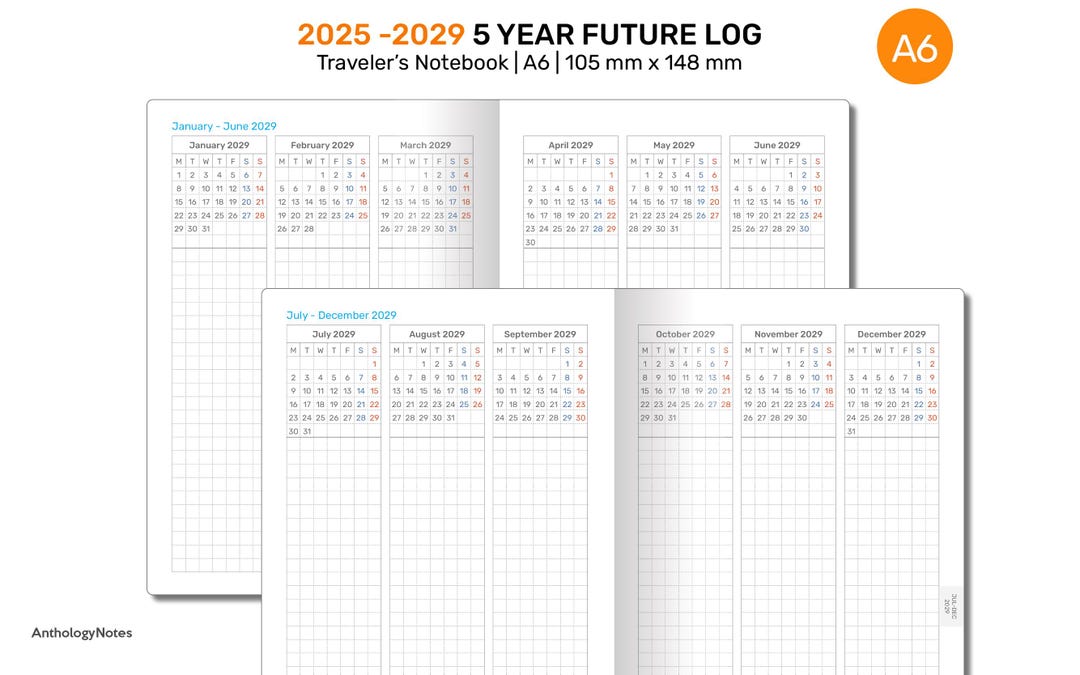 A6 5 YEAR Planner 2025 - 2029 FUTURE Log Vertical GRID for Traveler's ...
