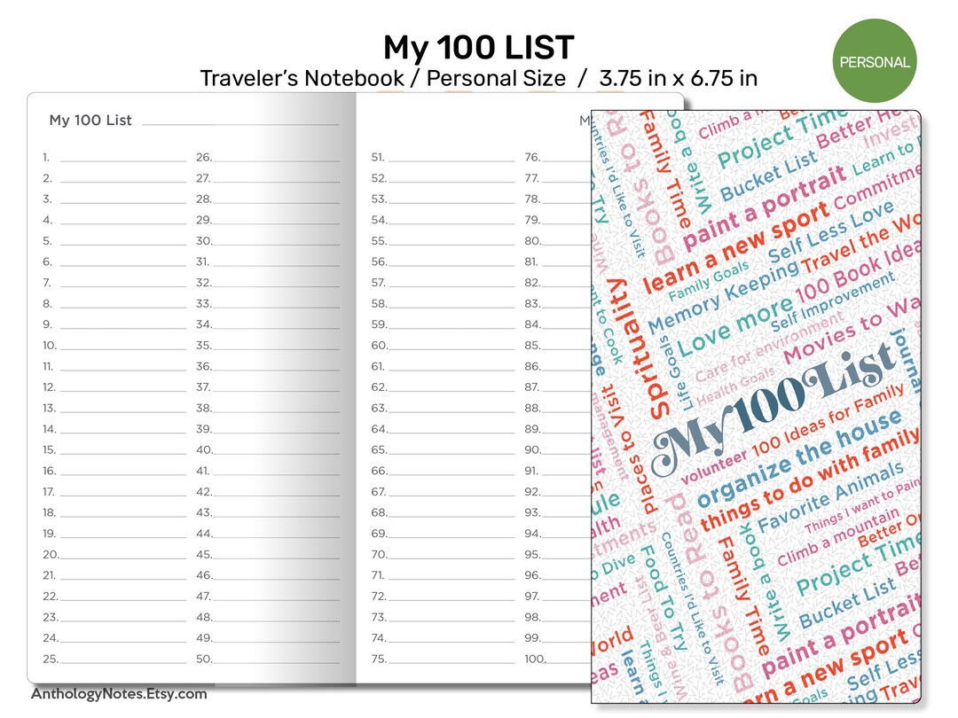 TN PERSONAL My 100 LISTS Printable Planner Traveler's Notebook Insert ...
