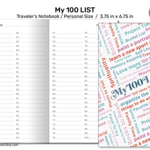 TN PERSONAL My 100 LISTS Printable Planner Traveler's Notebook Insert ...