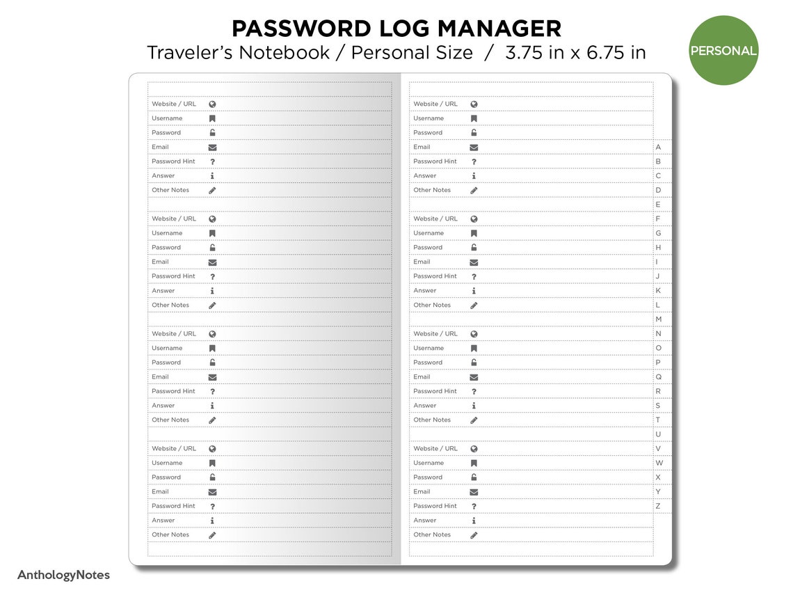 Password Log Manager PERSONAL Size Traveler's Notebook - Etsy