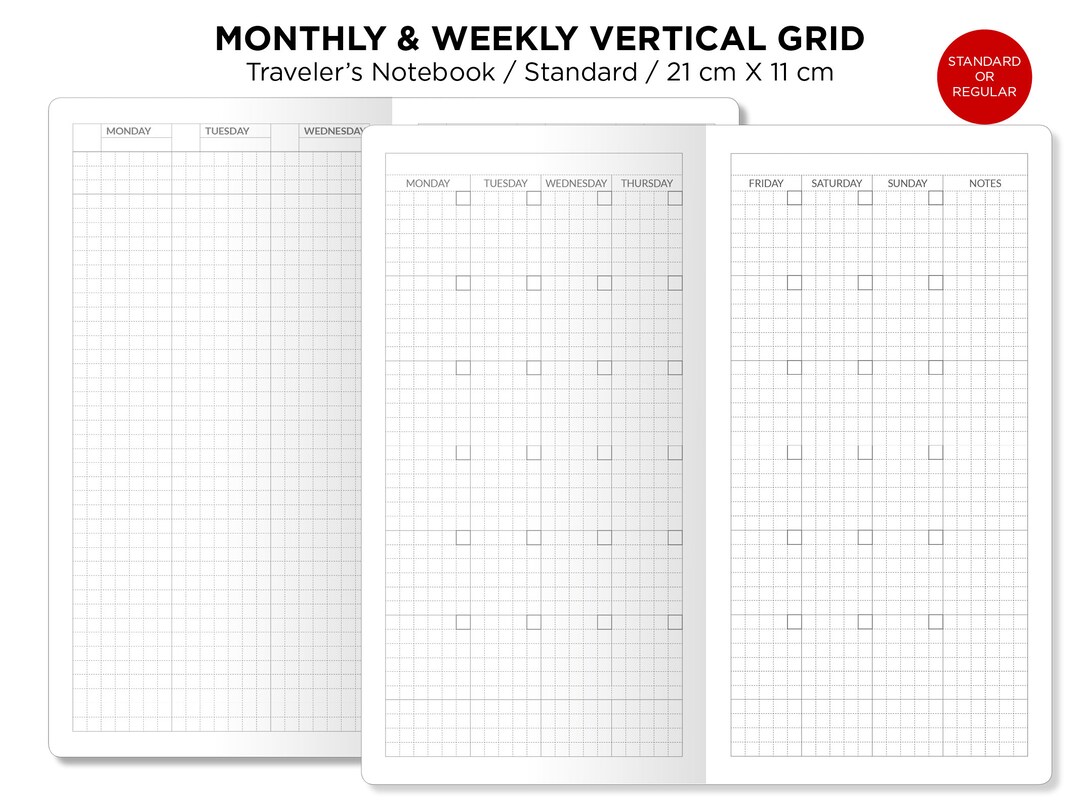 Weekly GRID VERTICAL & Monthly Planner Traveler's Notebook Printable ...