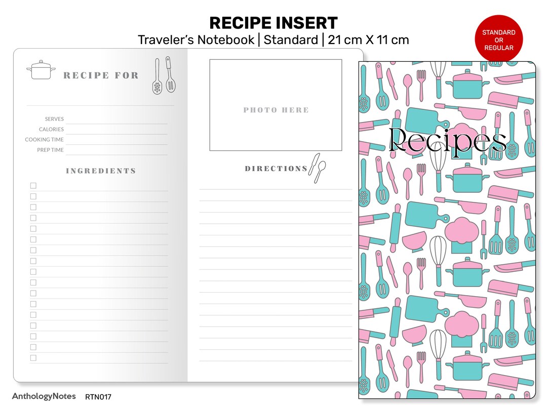 RECIPE Organizer Printable Insert Traveler's Notebook Standard Size ...