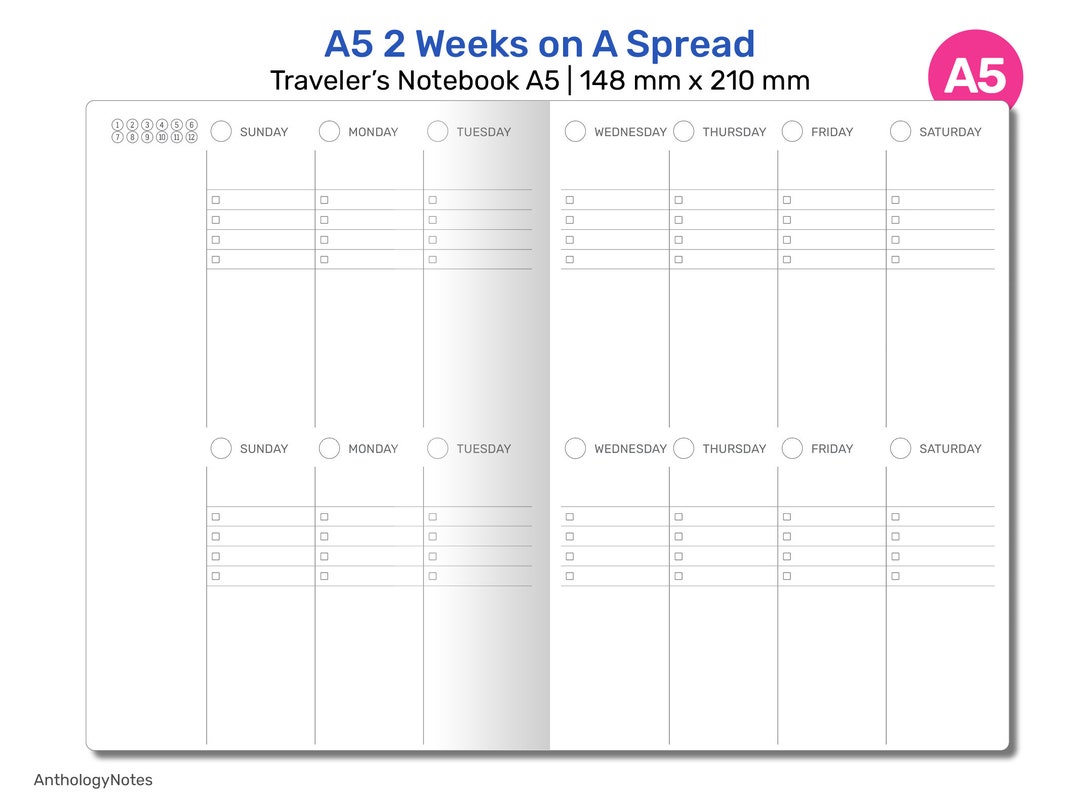 TN A5 Two Weeks on 2 Pages Printable Traveler's Notebook Printable ...