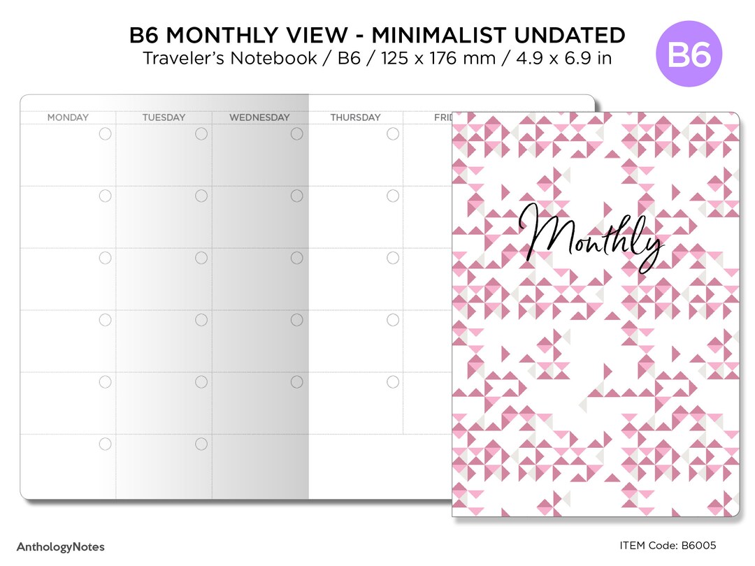 TN B6 Monthly View Traveler's Notebook Printable Planner PDF ...