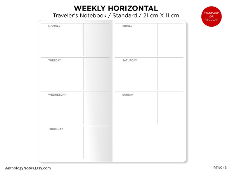 Weekly View Standard Traveler's Notebook Printable Insert - Etsy