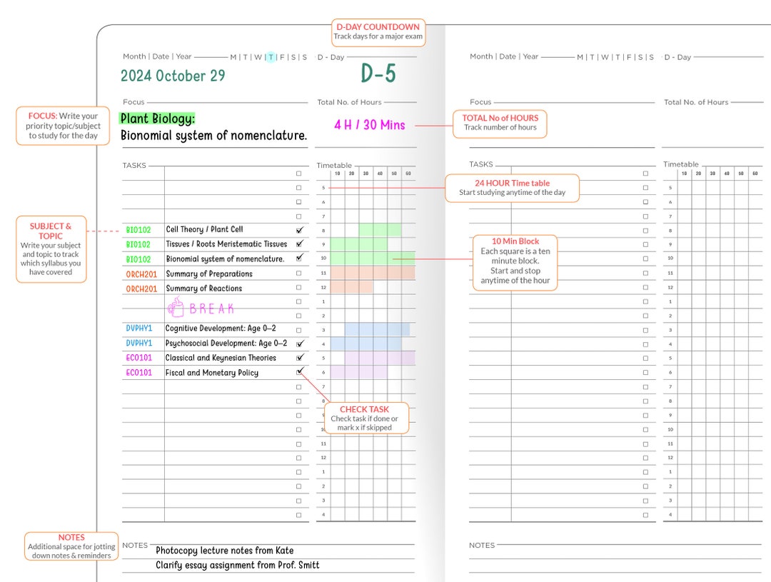Daily STUDY Planner Timetable Printable Insert Standard Size Traveler's ...