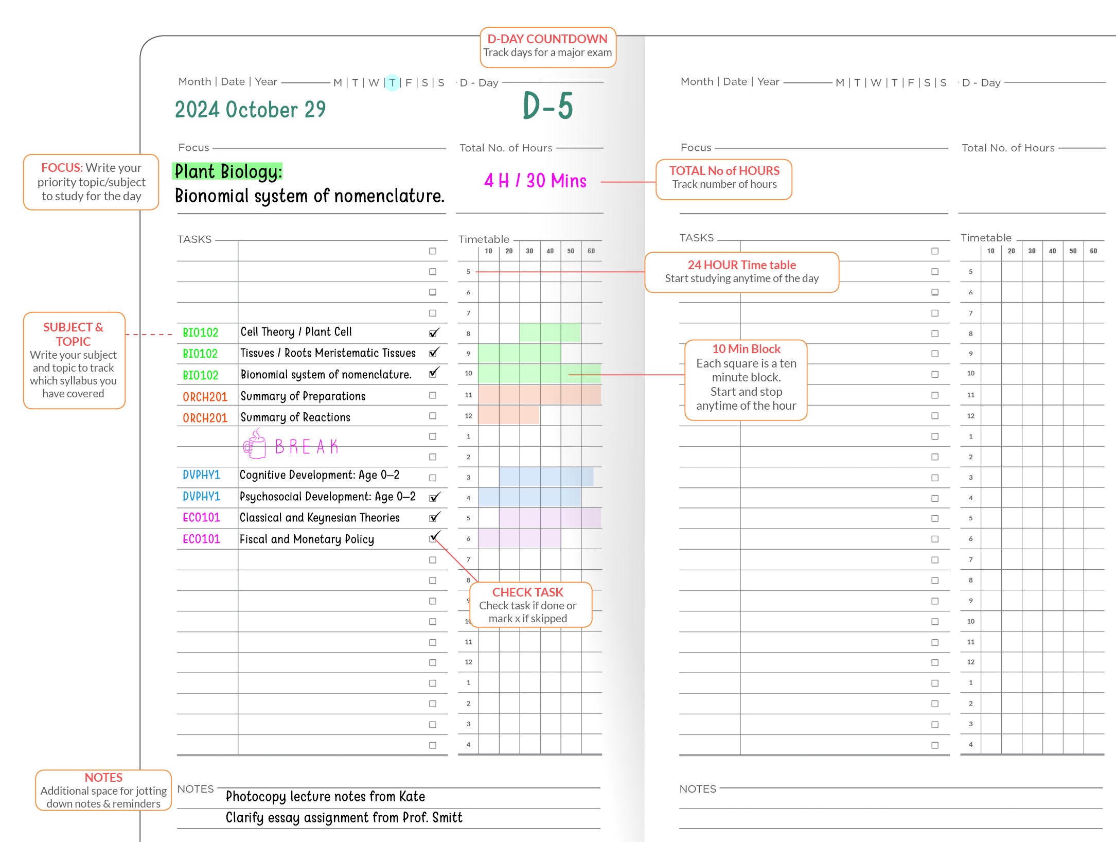 Daily STUDY Planner Timetable Printable Insert Standard Size - Etsy
