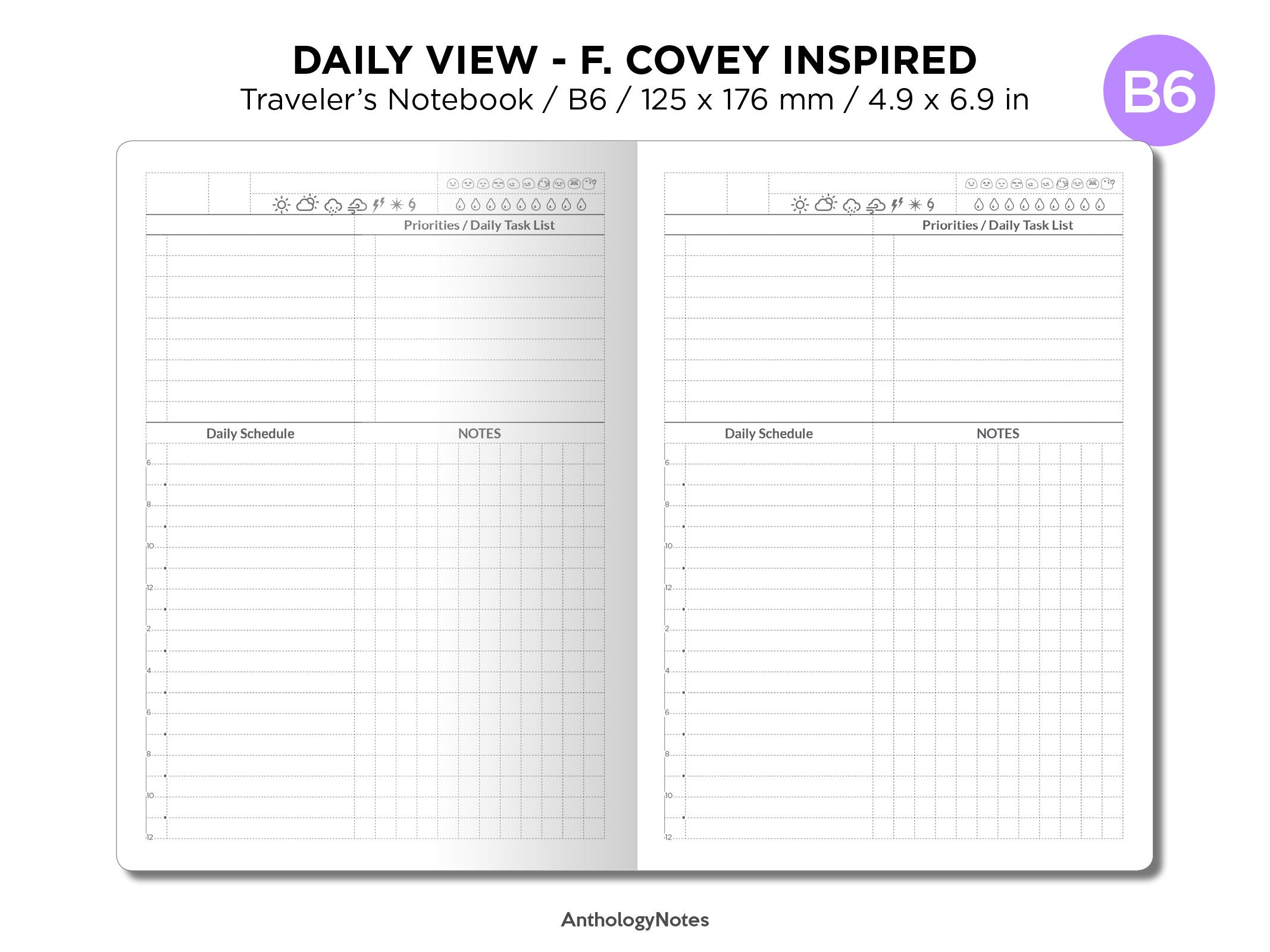 B6 Daily View Schedule Traveler's Notebook Mood, Weather and Water ...