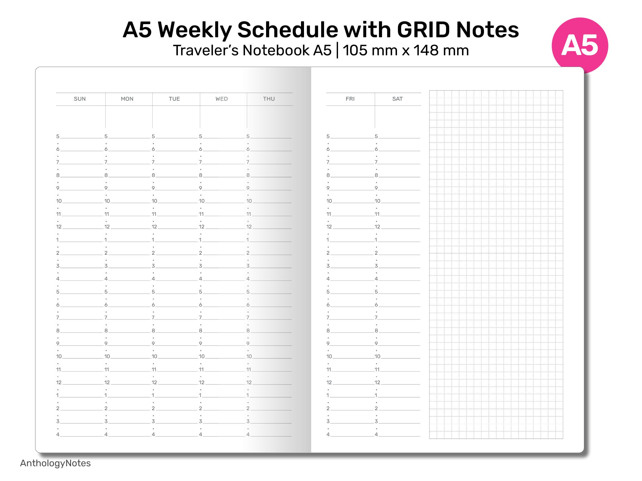 A5 TN WEEKLY Schedule With GRID With 24 Hour Time Stamp Printable ...