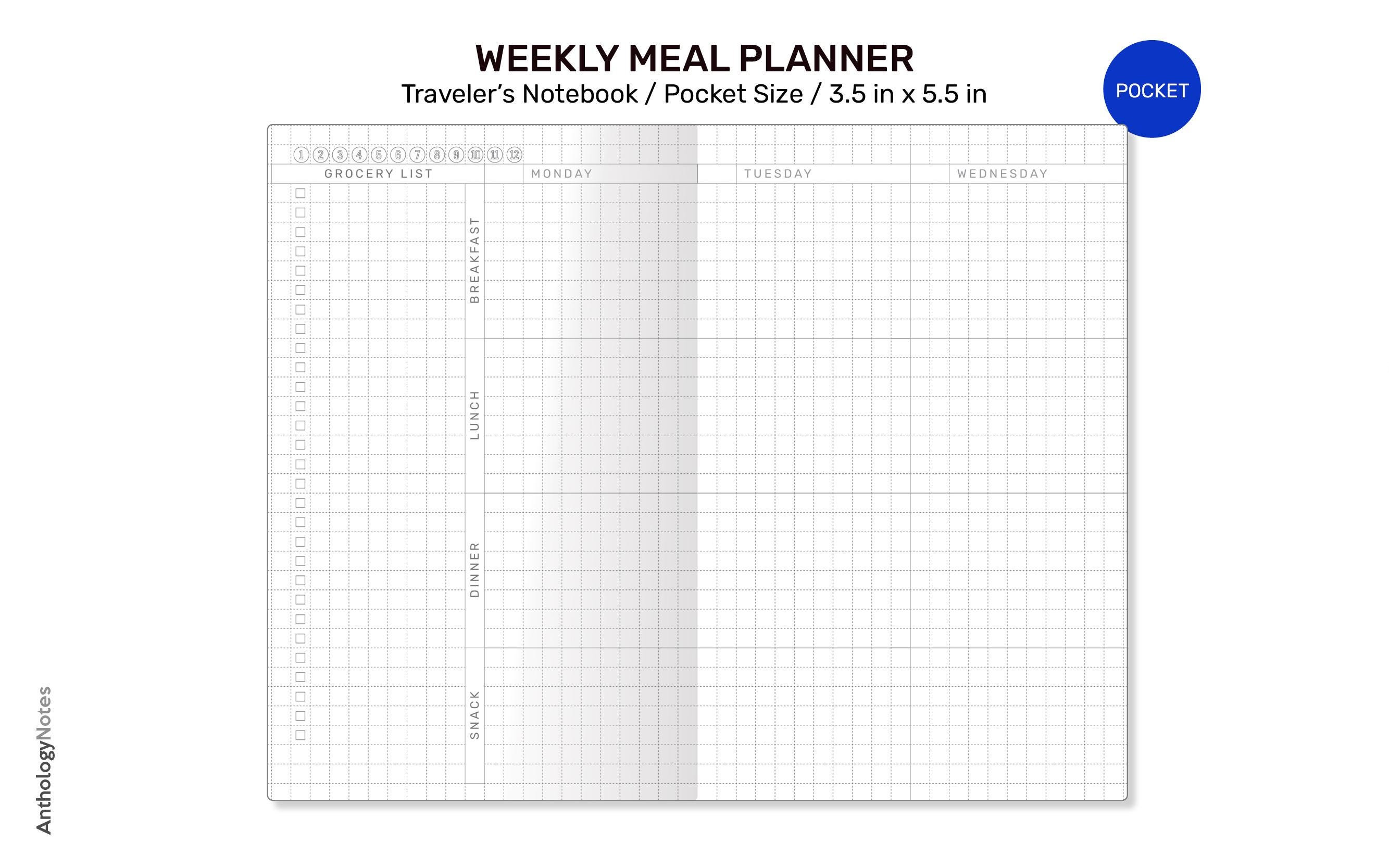 TN Pocket WEEKLY MEAL Planner Printable Traveler's Notebook Insert - Etsy
