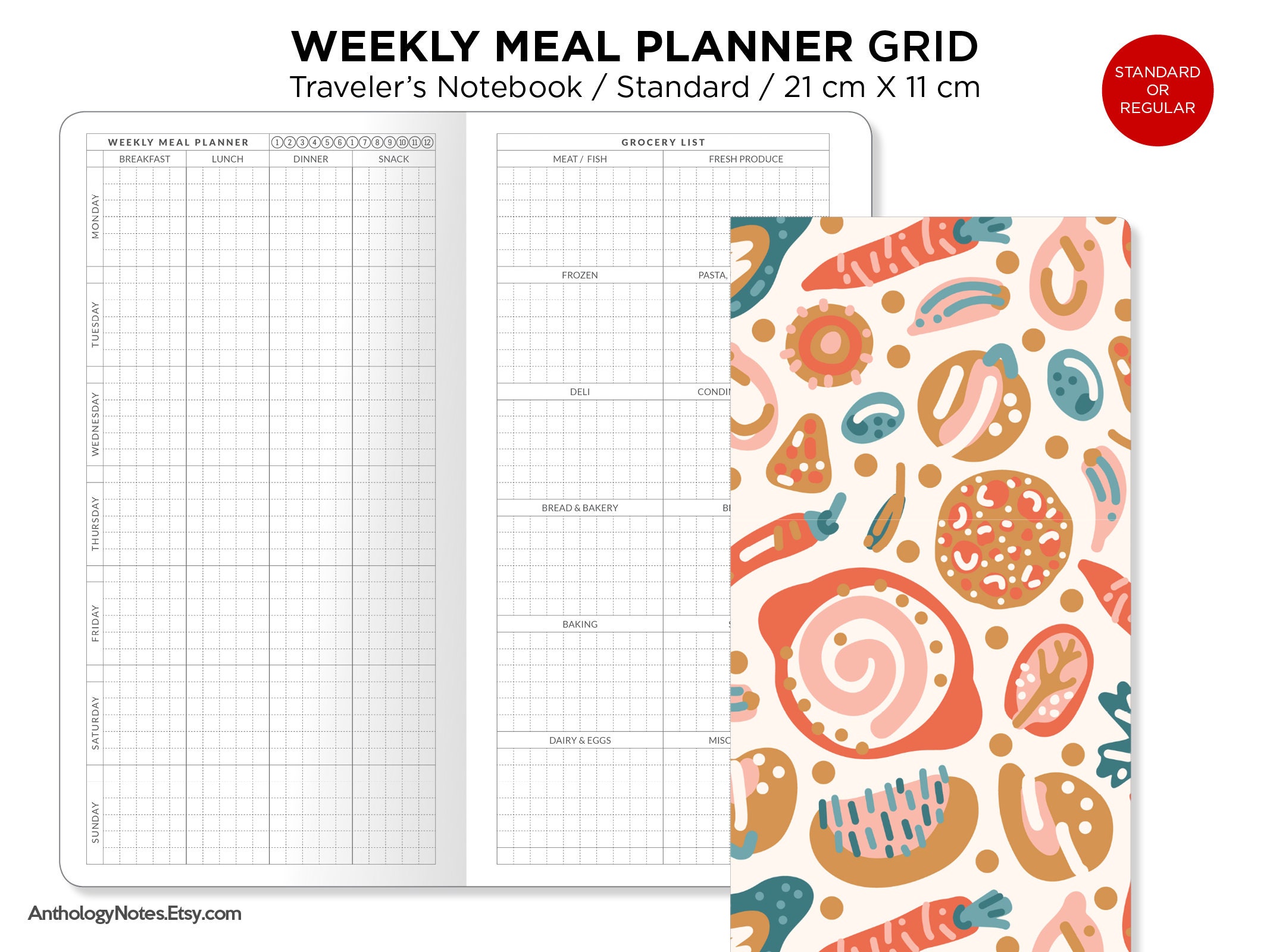 Weekly Meal Planner GRID Printable TN Insert Standard Size Traveler's ...