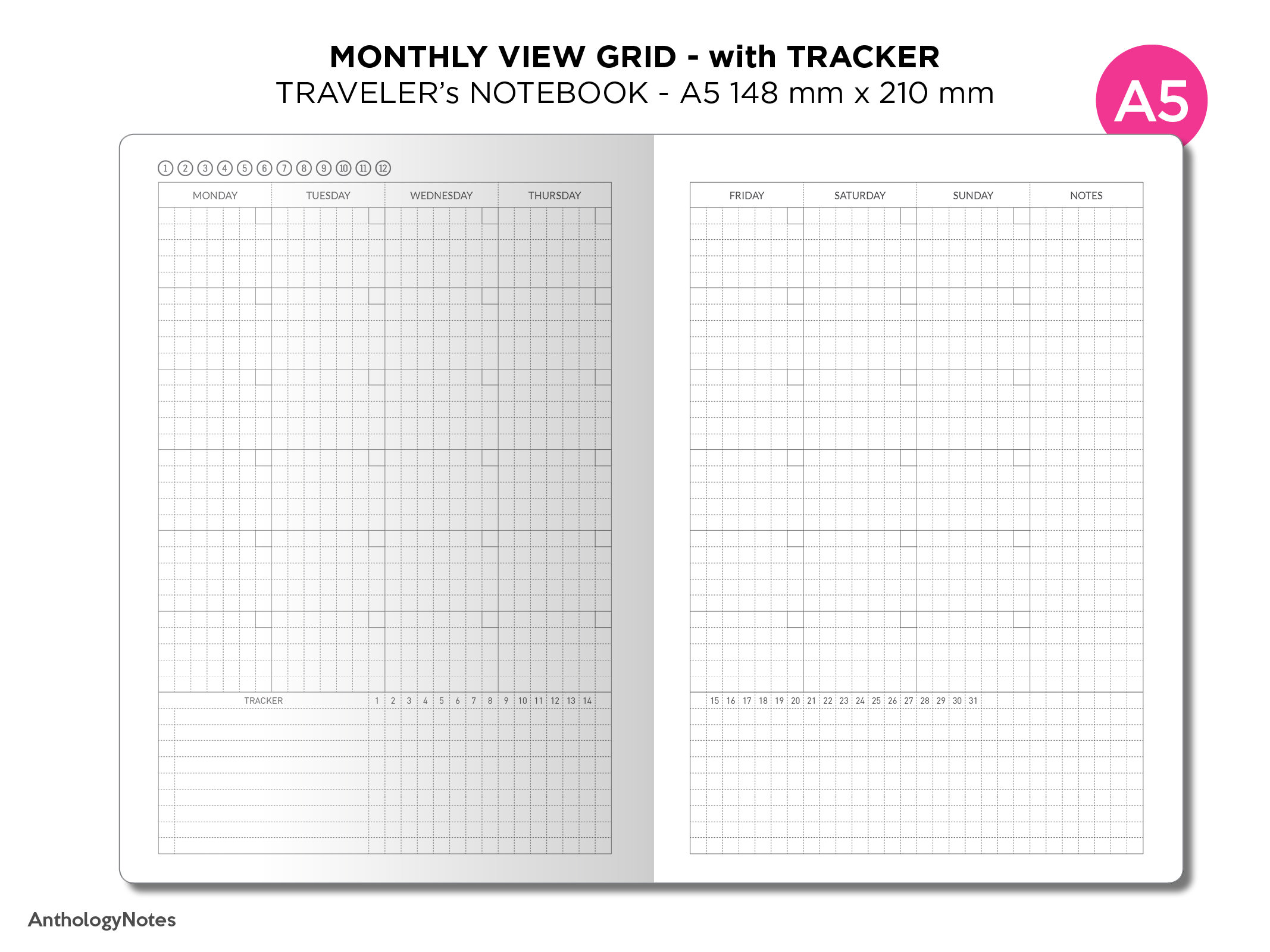 A5 Monthly View Tracker GRID Traveler's Notebook Printable | Etsy