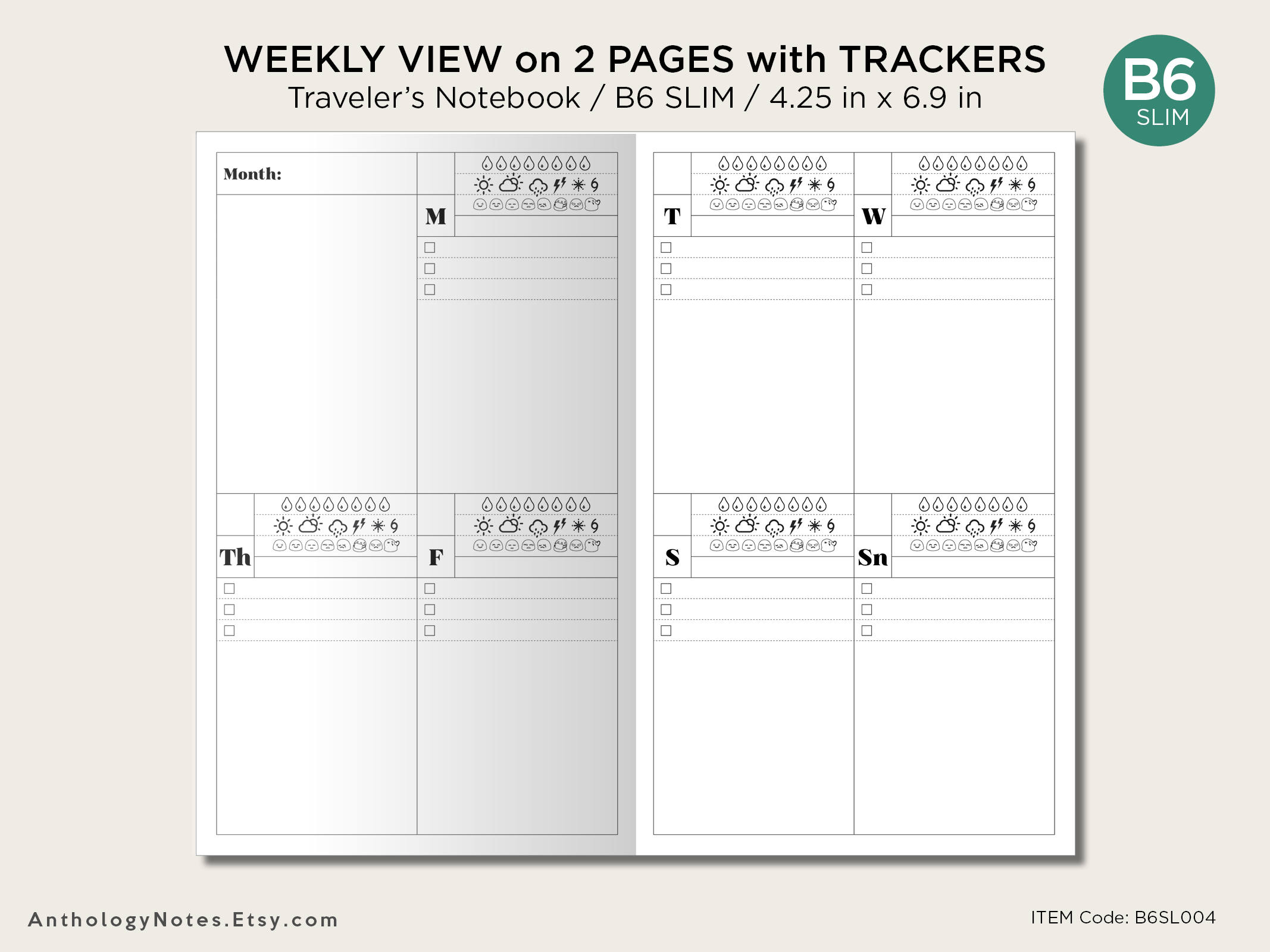 B6 SLIM Weekly View Insert - Traveler's Notebook - Mood, Weather and ...