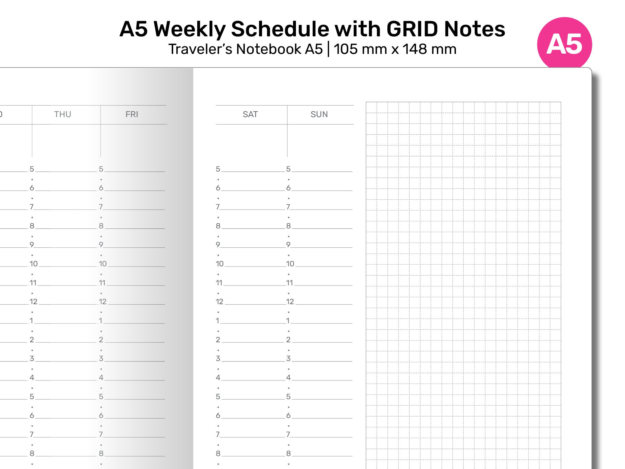 A5 TN WEEKLY Schedule With GRID With 24 Hour Time Stamp Printable ...