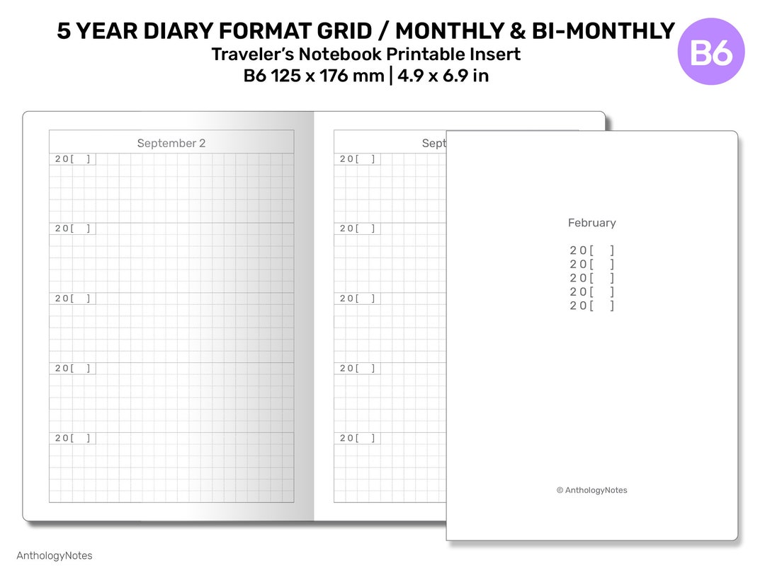 TN B6 5 YEAR DIARY Journal Undated Printable Traveler's Notebook Refill ...