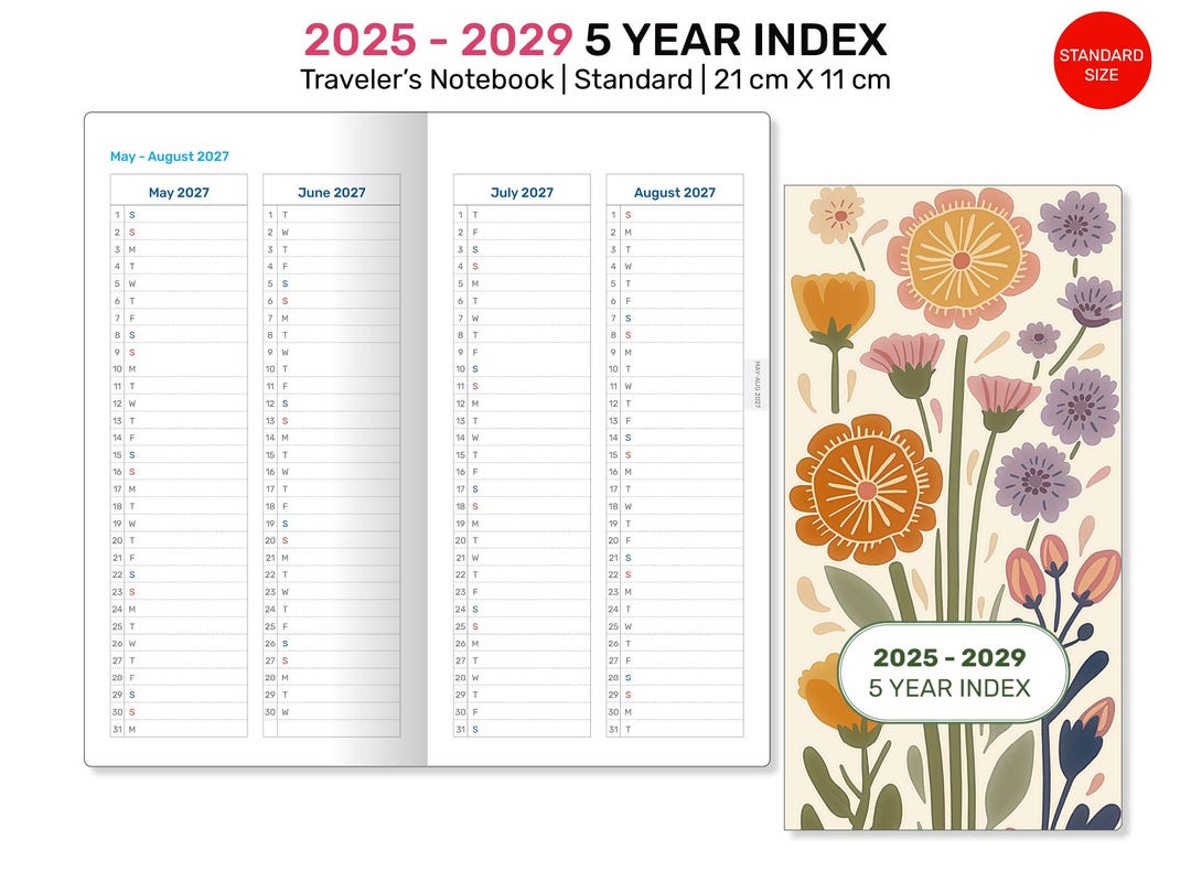 TN Standard 2025 - 2029 - 5 Year Index Printable Traveler's Notebook ...