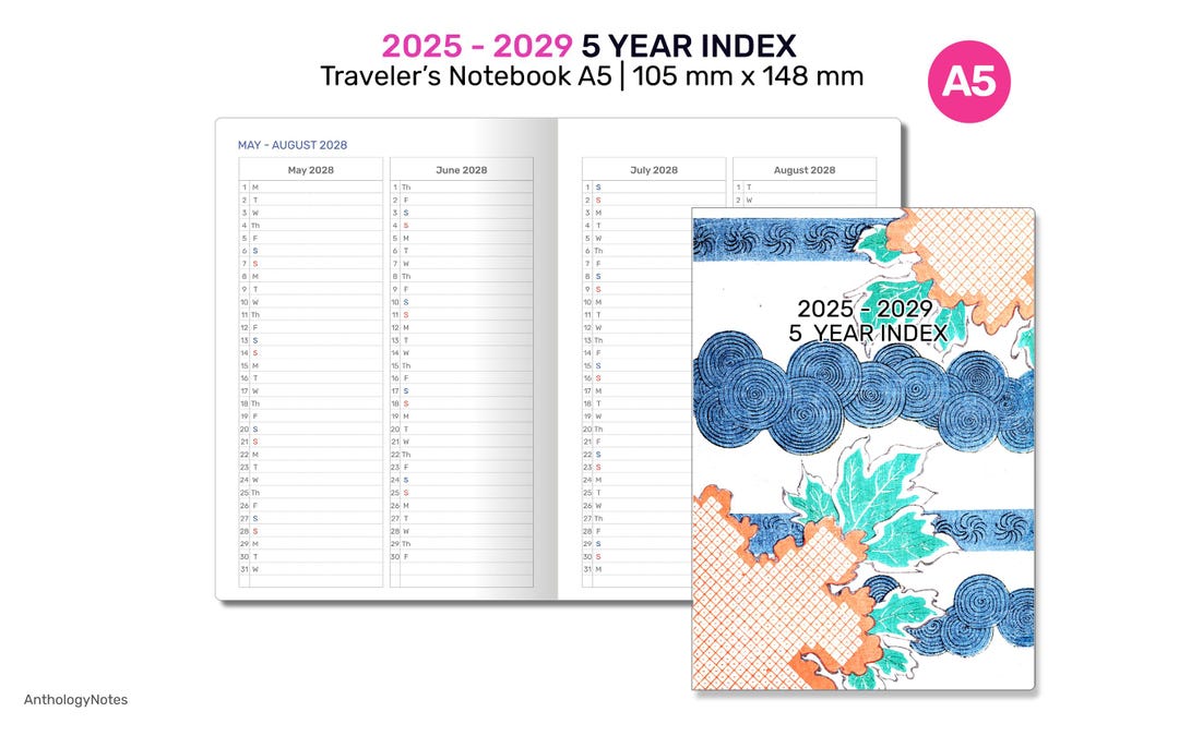 A5 TN 2025 - 2029 5-year Index Printable Traveler's Notebook Insert ...