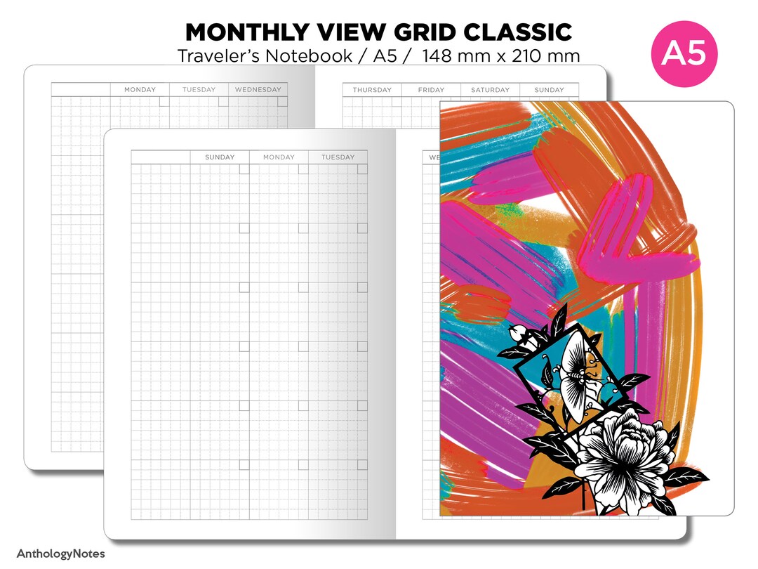 A5 Monthly GRID Planner Undated Printable Insert Traveler's Notebook ...