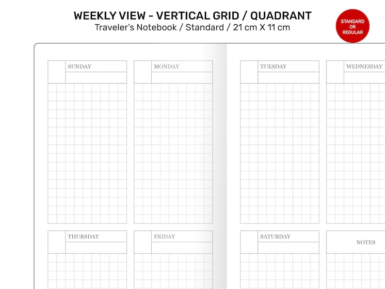 Weekly View Traveler's Notebook Standard Printable Insert - Etsy