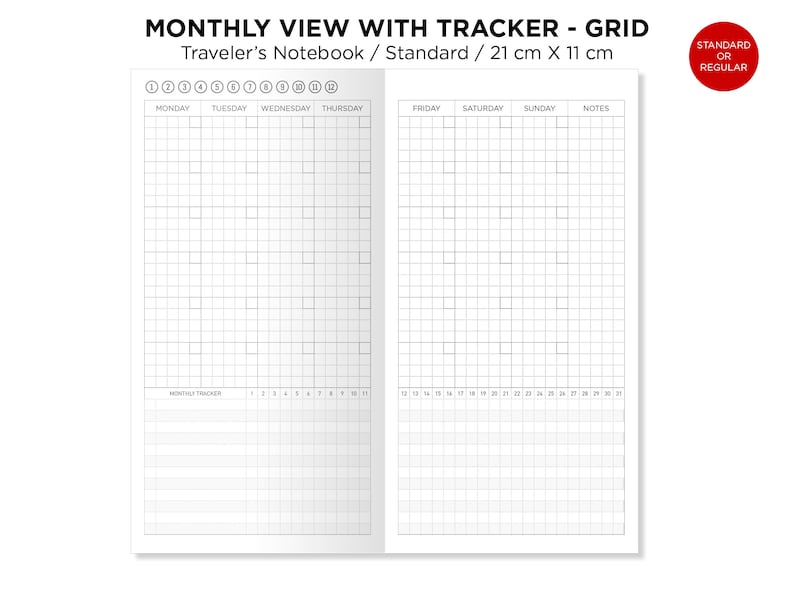 Monthly View With Tracker GRID Traveler's Notebook Printable Insert ...