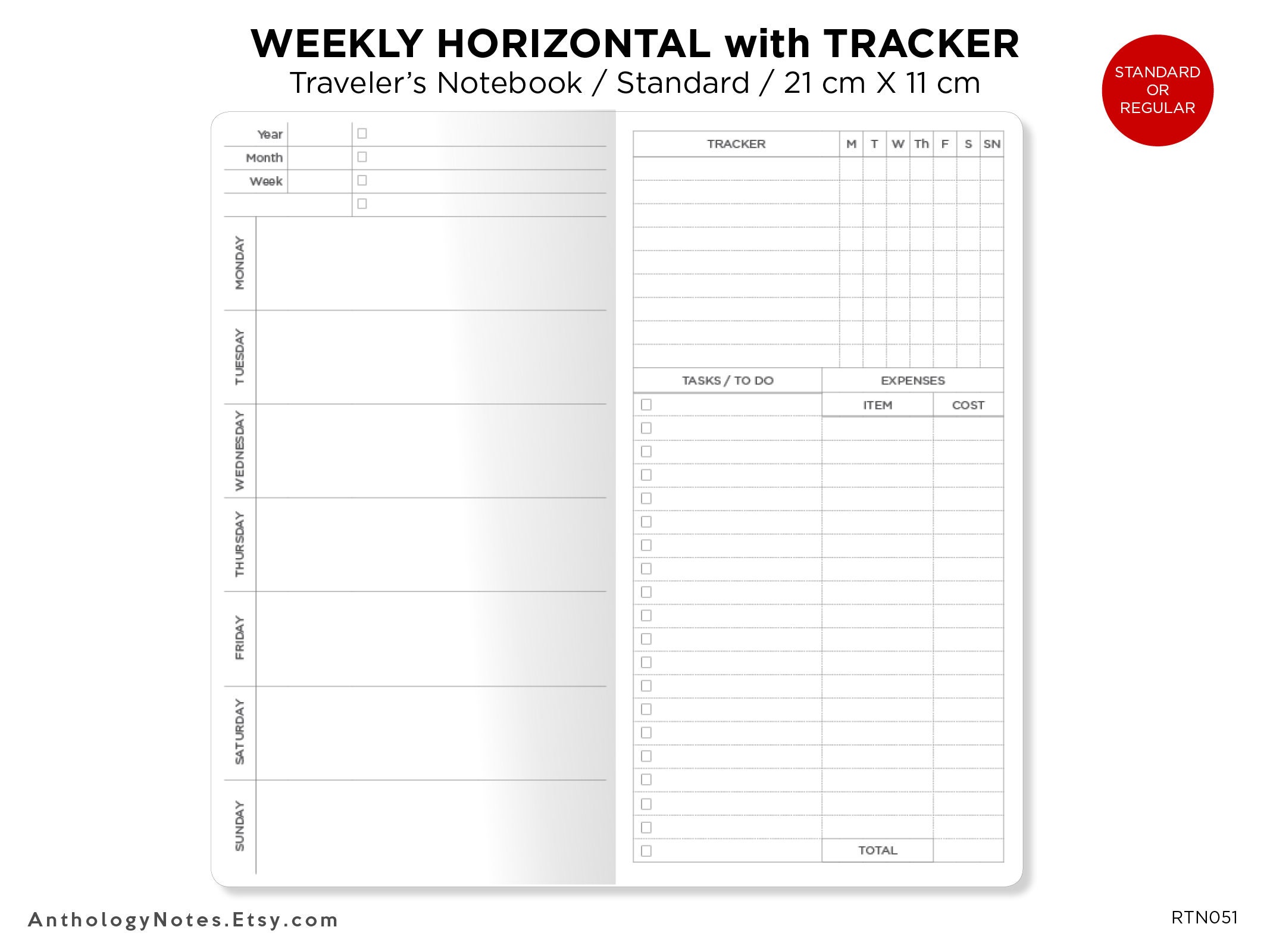 WEEKLY HORIZONTAL Regular Traveler's Notebook Printable | Etsy