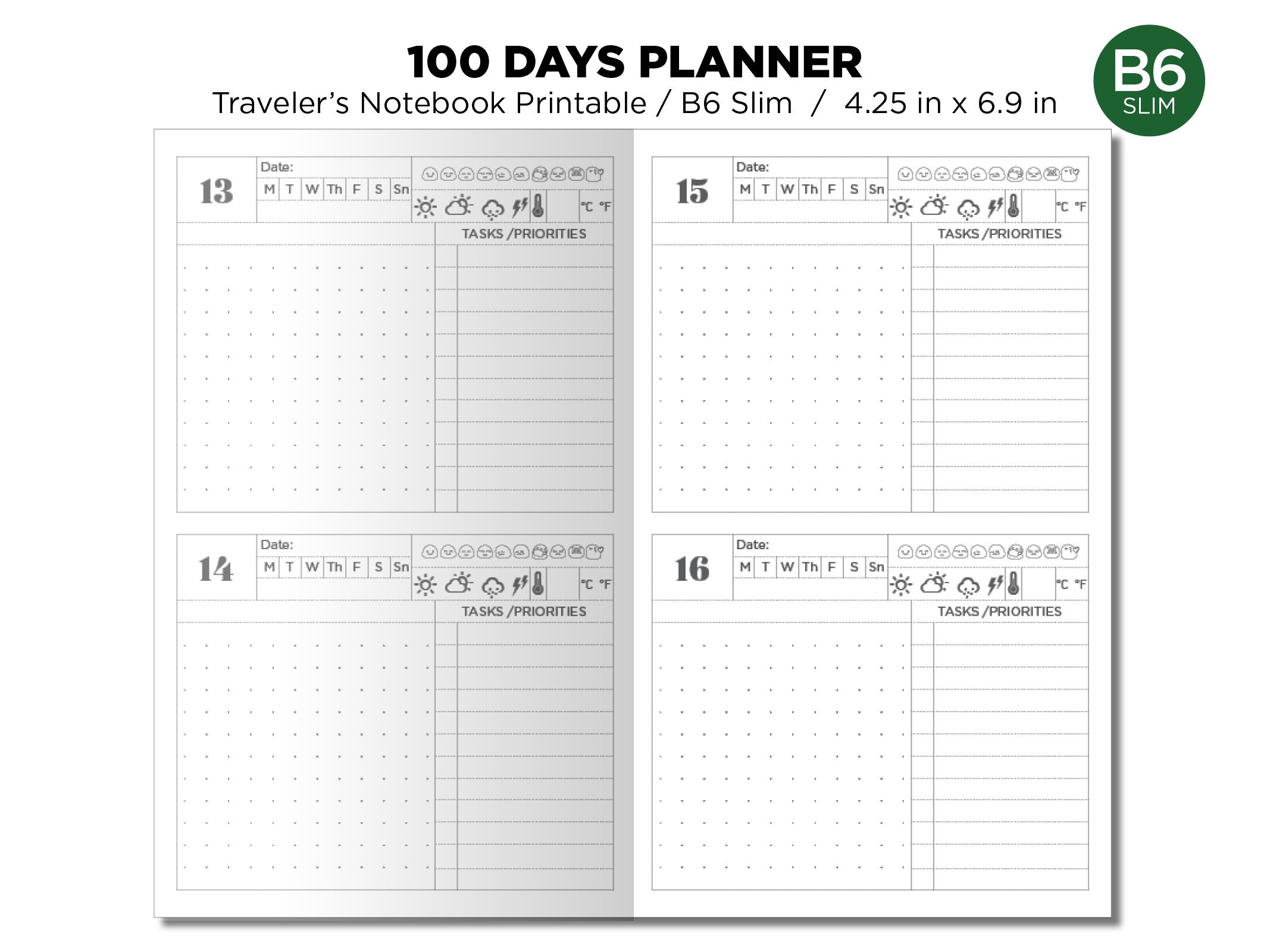 B6 Slim 100 Days Planner Traveler's Notebook 100 Days Goal Tracking ...
