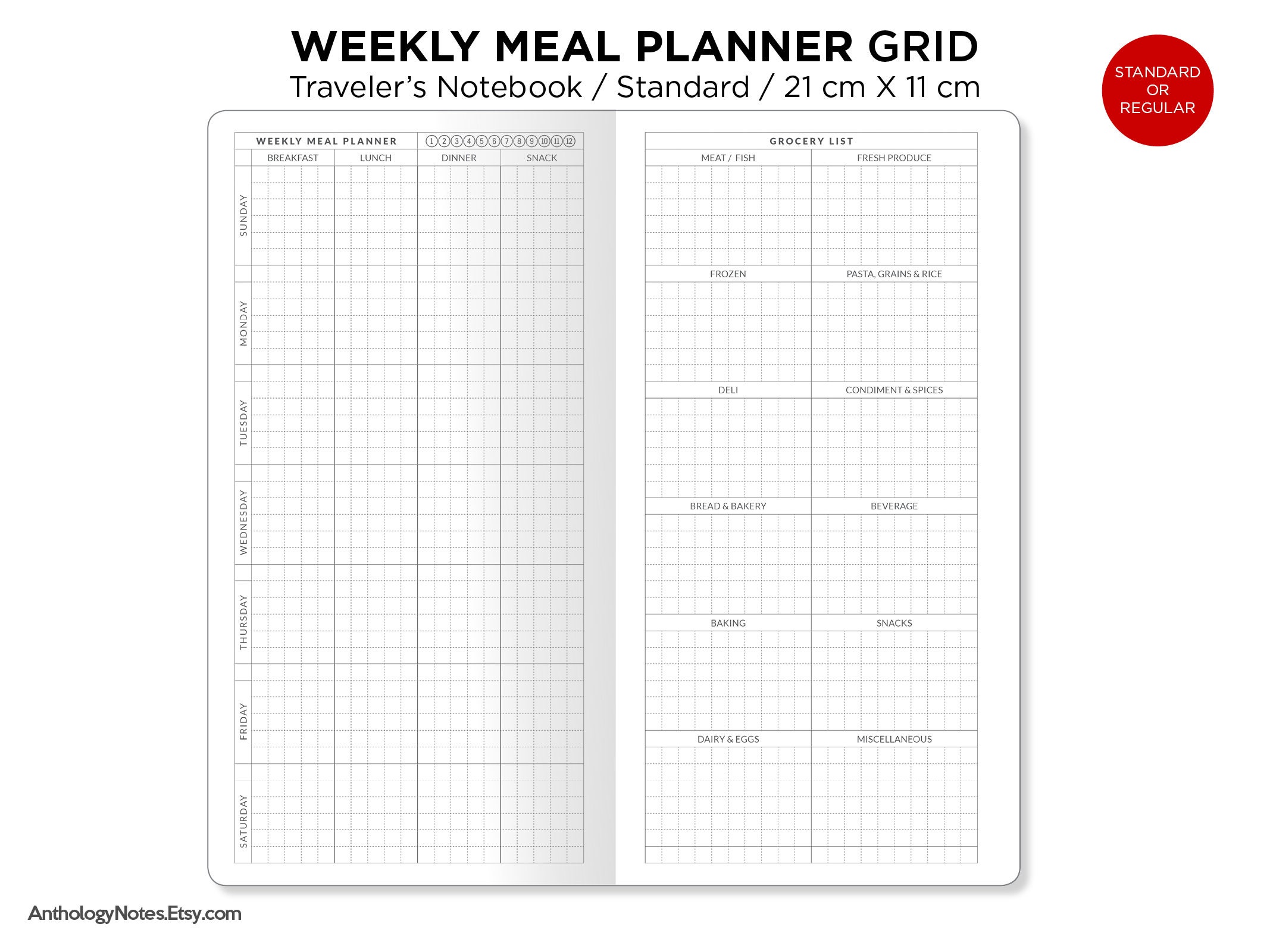 Weekly Meal Planner GRID Printable TN Insert Standard Size Traveler's ...