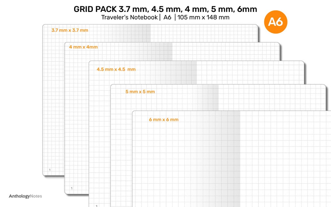 TN A6 Printable Traveler's Notebook Grid Insert Bundle | Numbered Pages ...