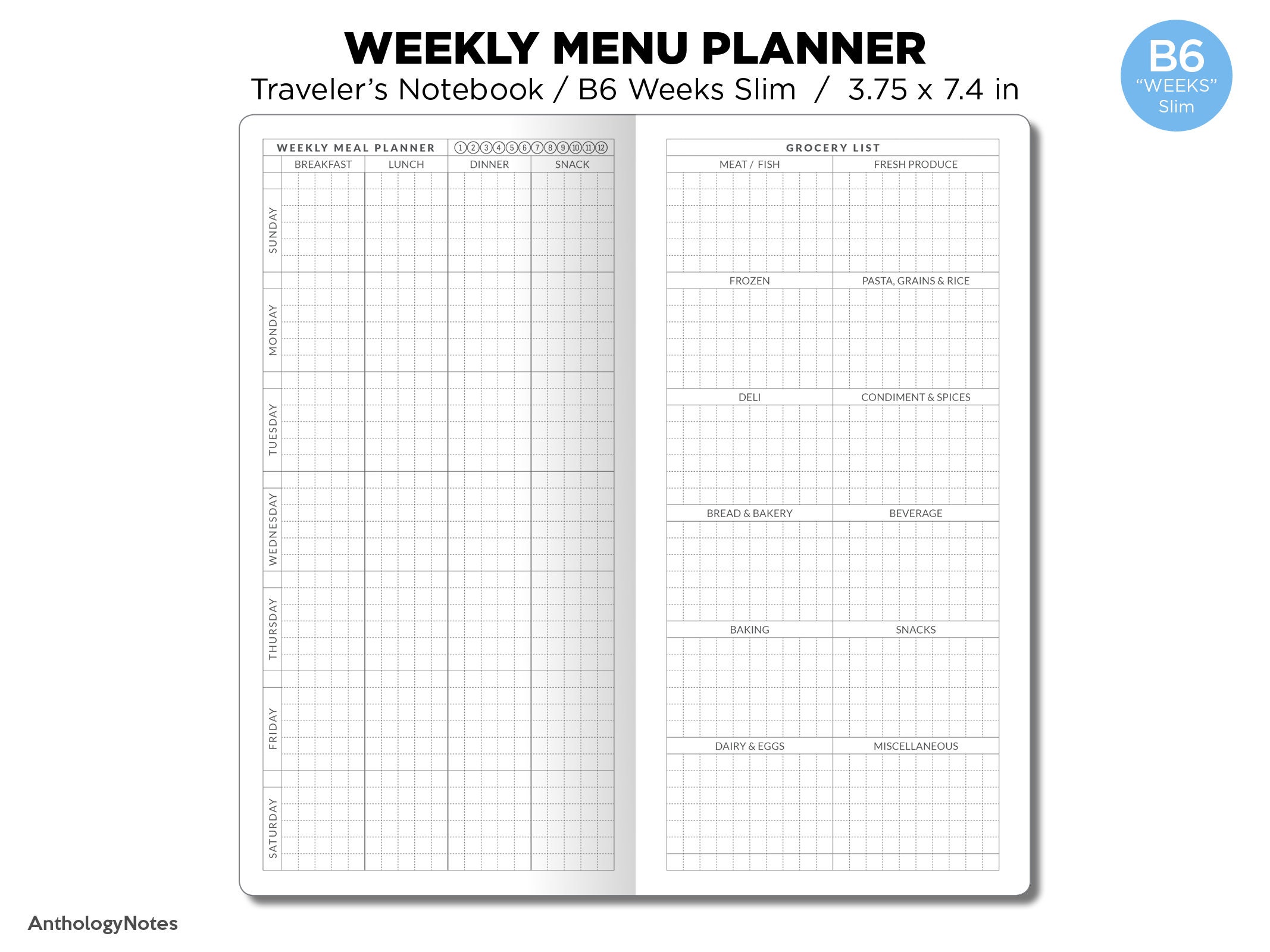 TN B6 "weeks" Slim Weekly MEAL Planner With Grocery List Section ...