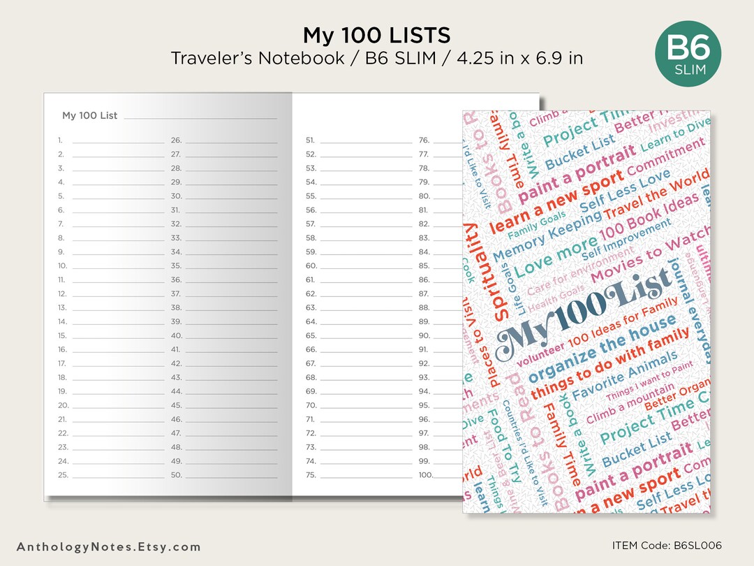 B6 SLIM My 100 Lists Printable Planner Traveler's Notebook Insert ...