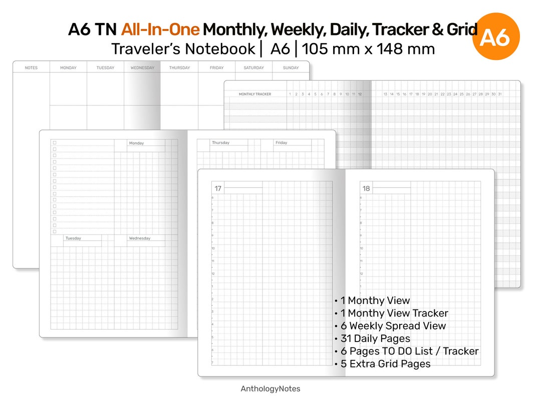 A6 TN All-in-one Monthly View, Tracker, Weekly, Daily, to Do List ...