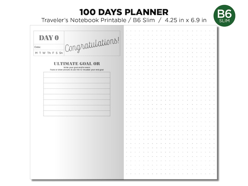 B6 Slim 100 Days Planner Traveler's Notebook 100 Days Goal Tracking ...