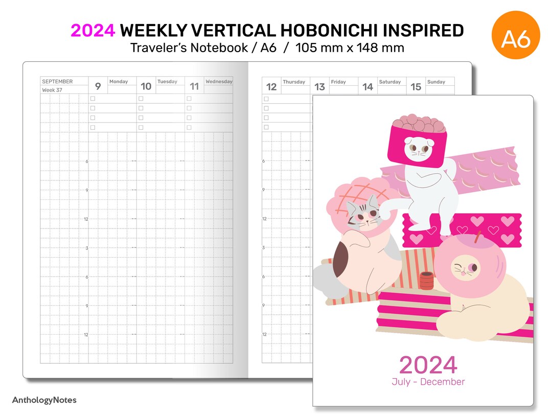 A6 2024 Weekly Vertical Hobonichi Inspired GRID Printable Traveler's ...