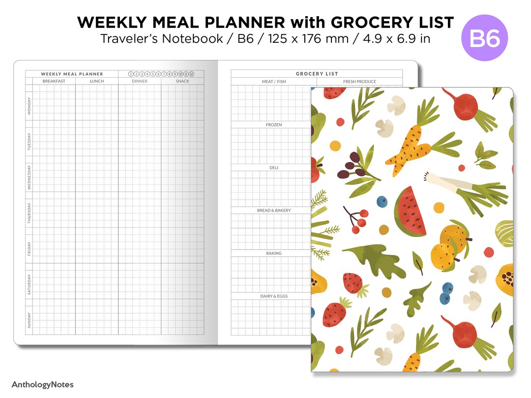 Weekly MENU Planner With GROCERY List TN B6 Printable Traveler's ...