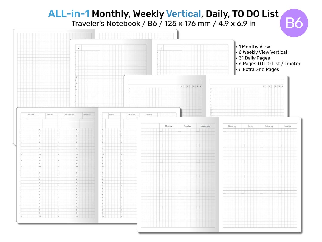 B6 TN All-in-one Monthly, Weekly Vertical, Tracker / TO DO List, Grid ...