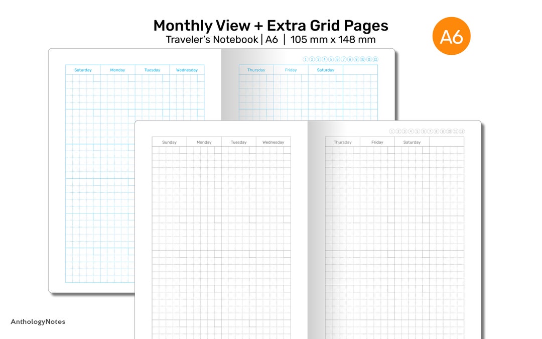 TN A6 Monthly Diary With Extra GRID Pages Undated Printable Traveler's ...