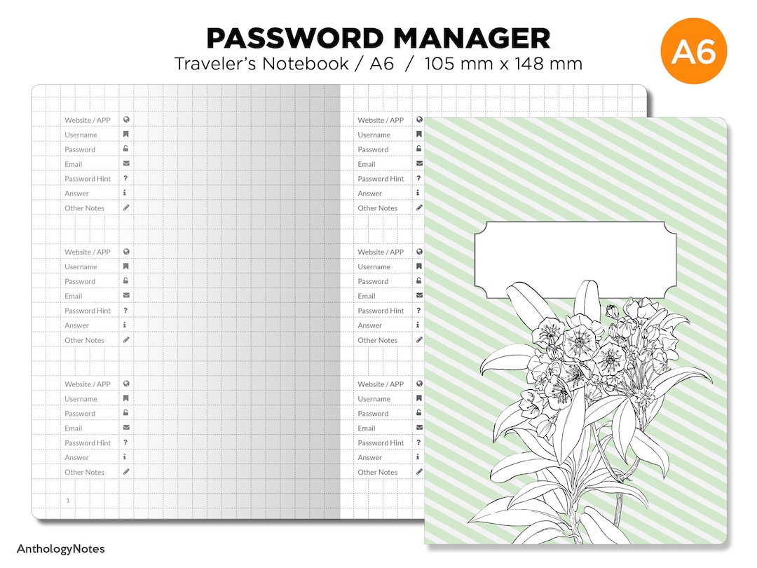A6 PASSWORD Manager Traveler's Notebook Printable Insert GRID ...