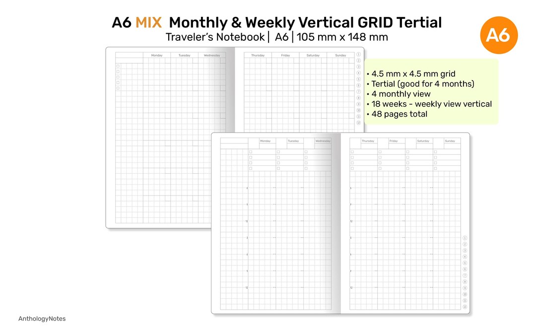 A6 MIX Monthly, Weekly Vertical GRID Printable Traveler's Notebook ...