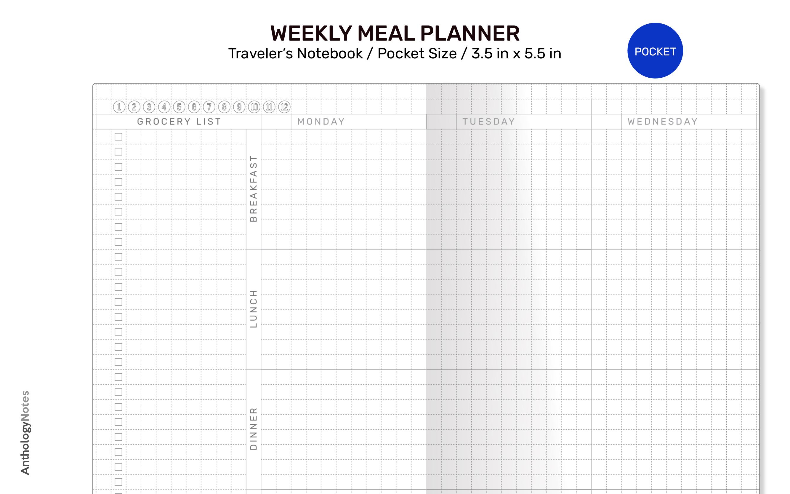 TN Pocket WEEKLY MEAL Planner Printable Traveler's Notebook Insert - Etsy