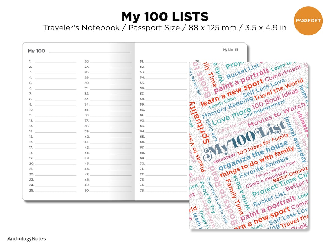 Passport Size My 100 Lists Printable Planner Traveler's Notebook Insert ...