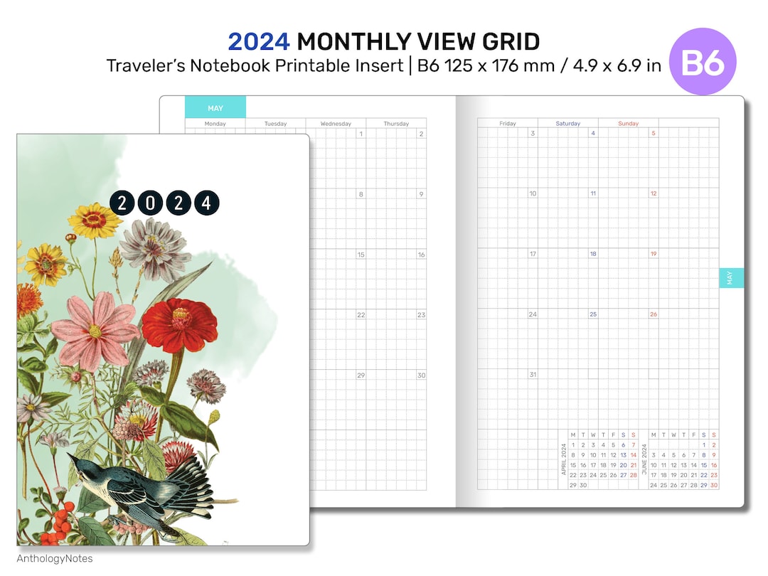 TN B6 2024 Monthly GRID Traveler's Notebook Printable Diary Insert ...