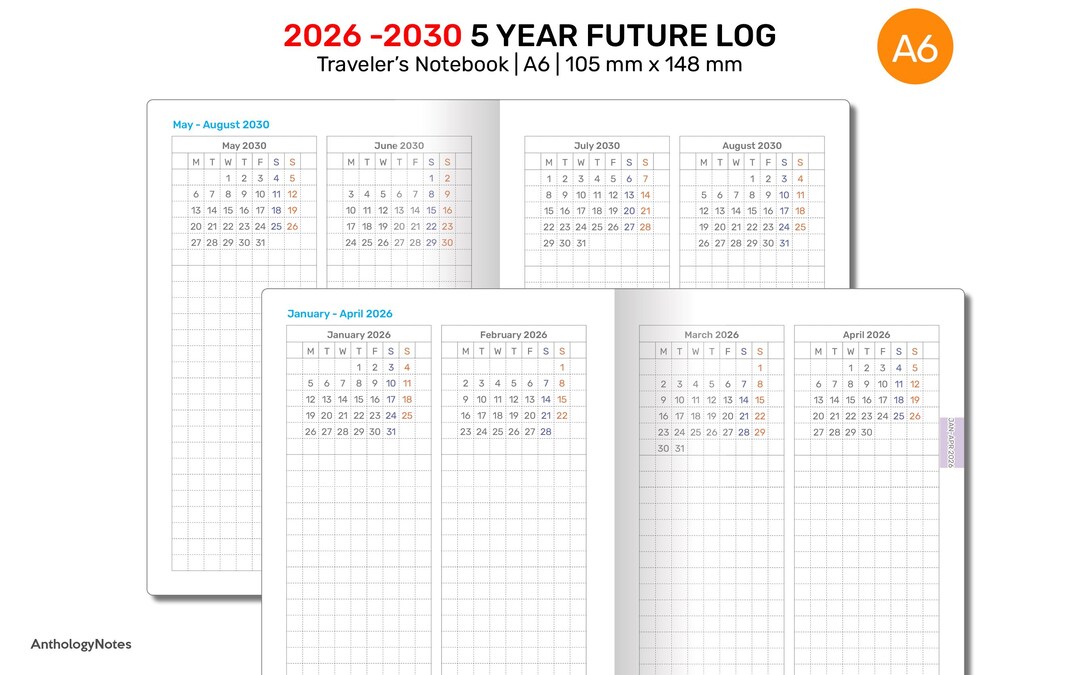 A6 5 YEAR Planner 2026 - 2030 FUTURE Log Vertical GRID for Traveler's ...