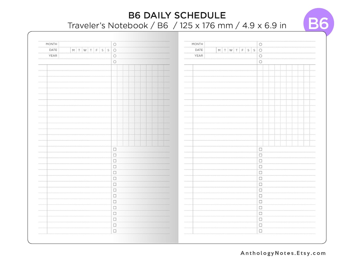 B6 DAILY View Schedule Traveler's Notebook Printable - Etsy