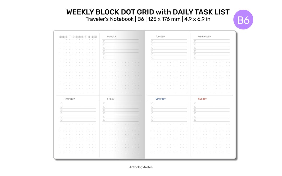 TN B6 Weekly Planner Block Dotgrid With Daily Task List Printable ...