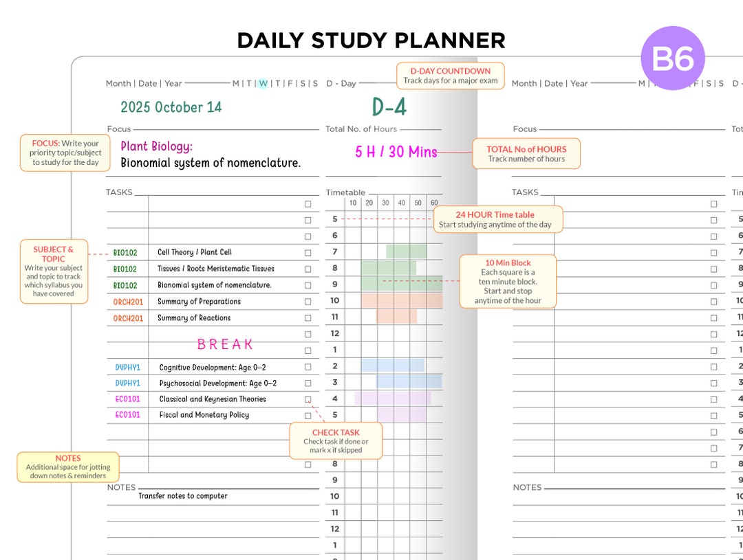 10 Minute STUDY Planner B6 TN Daily Traveler's Notebook Printable ...