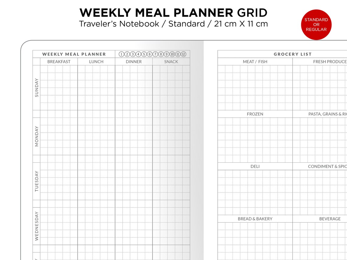 Weekly Meal Planner GRID Printable TN Insert Standard Size Traveler's ...
