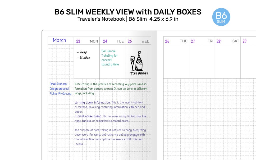 TN B6 Slim Weekly View With Daily Boxes Traveler's Notebook Printable ...