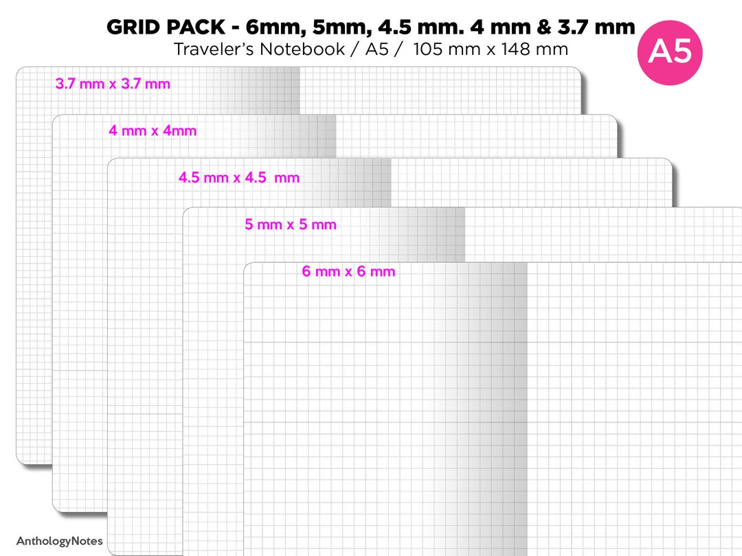 A5 Size Traveler's Notebook Printable Classic Grid Lines BUNDLE SET ...