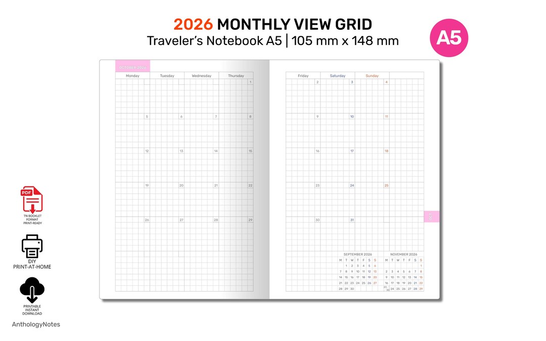 A5 2026 Monthly Planner View GRID Printable TN Insert - Traveler's ...
